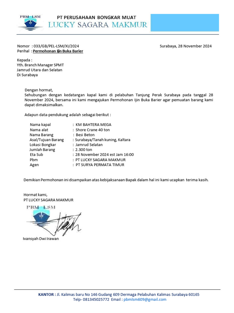 Permohonan Buka Barier Alat - KM Bahtera Mega | PDF