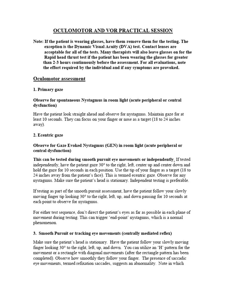Oculomotor and VOR Assessment Guide | PDF | Vestibular System | Visual ...