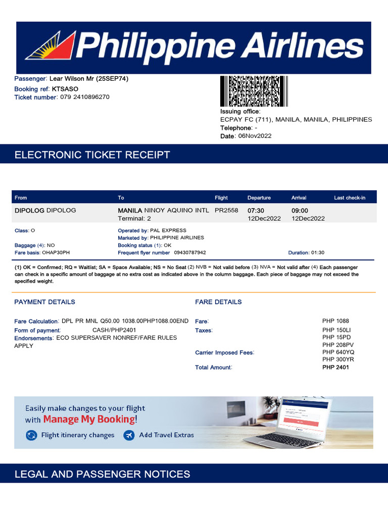 Electronic Ticket Receipt 12DEC For WILSON LEAR | PDF