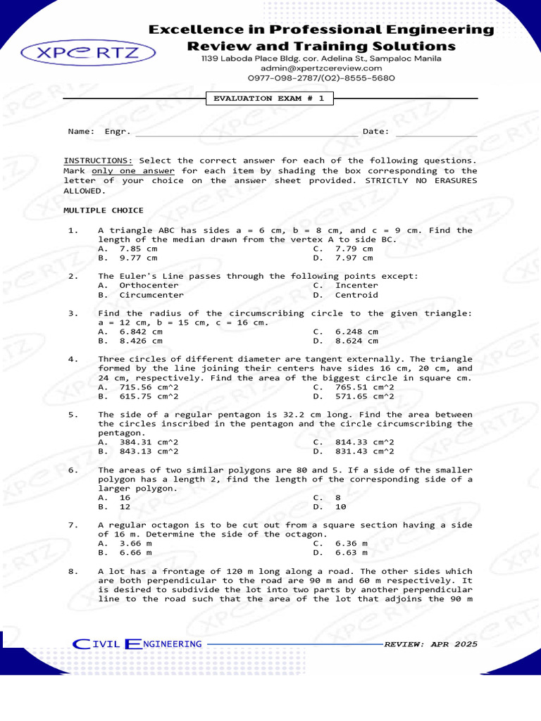 Apr25_Evaluation Exam No. 1 | PDF | Sphere | Area