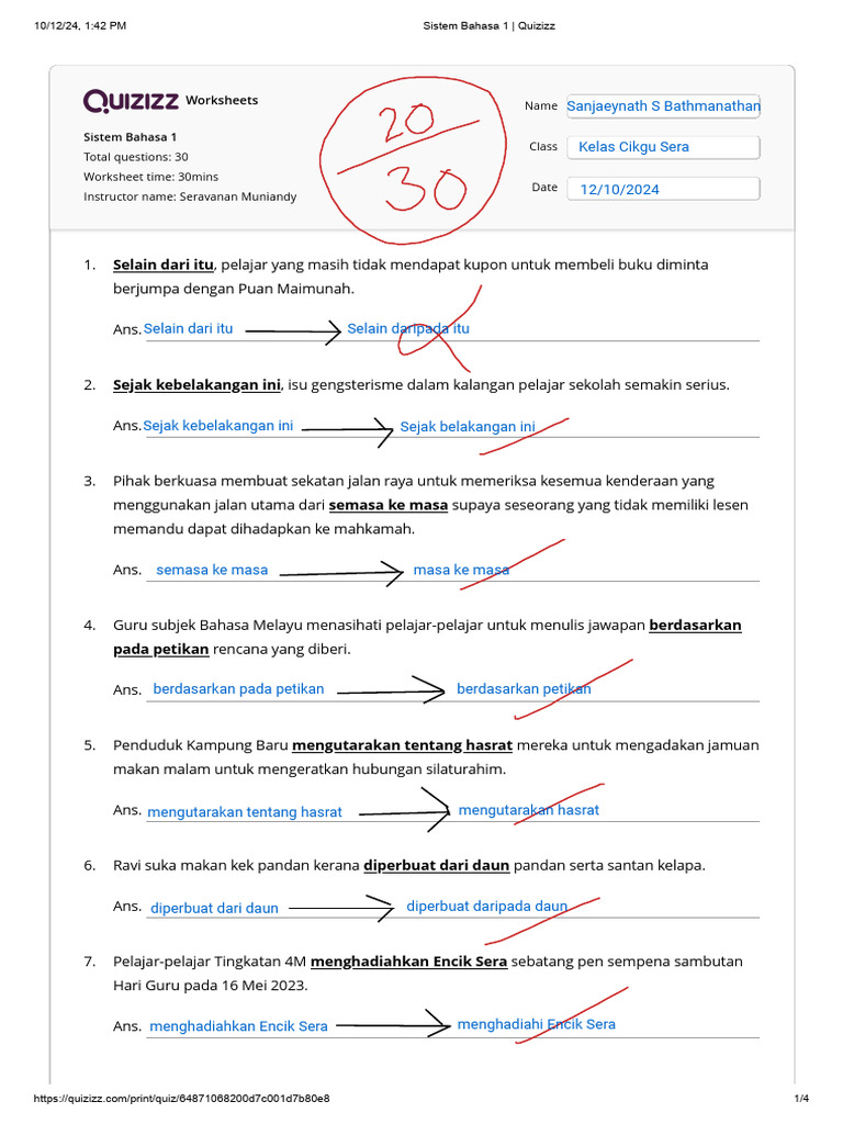 Kami Export - Sanjaey08 - Sistem Bahasa 1 - Quizizz | PDF