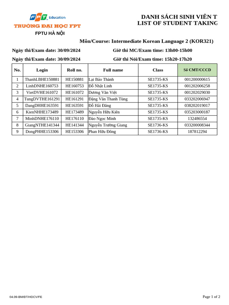 Thông Báo DSSV 2ndFE KOR321 Ngày 30.9.2024 | PDF