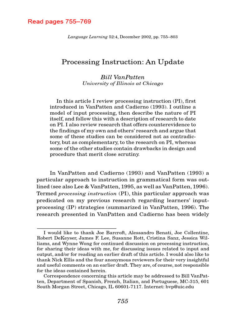VanPatten - 2002 - Processing Instruction | PDF | Second Language Acquisition | Language Acquisition