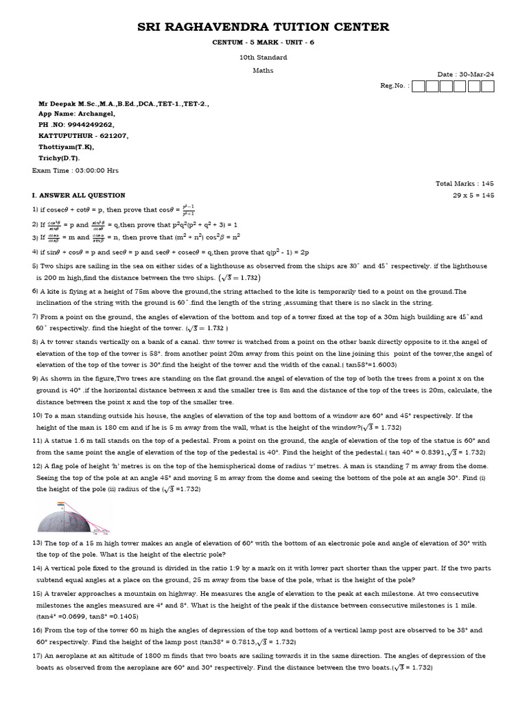 10th Maths Unit 6 5 Mark Model Question Paper English Medium PDF Download | PDF | Angle | Height