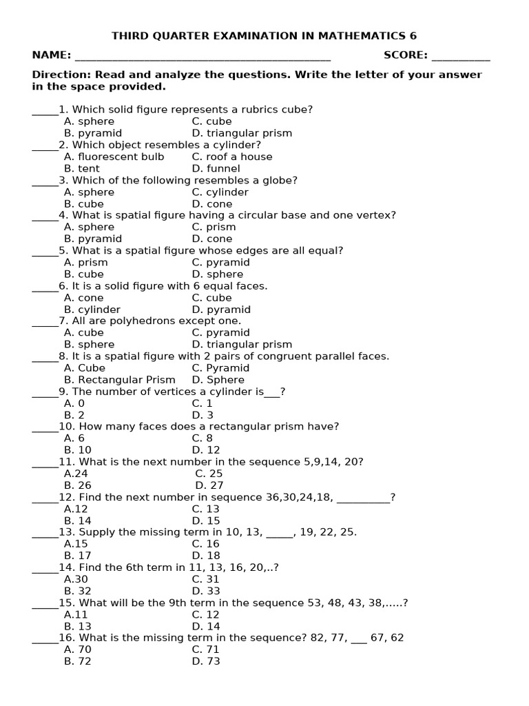 3rd Quarter MATH-2023 | PDF | Area | Equations