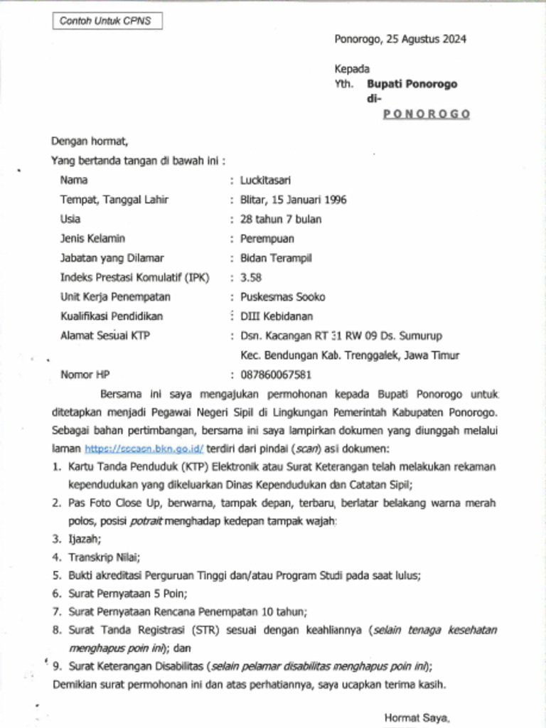Surat Lamaran Cpns Scan | PDF