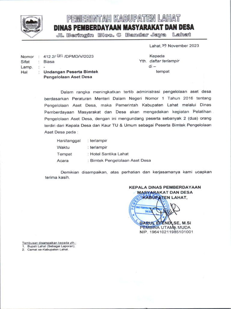 Undangan Peserta Bimtek Pengelolaan Aset Desa | PDF