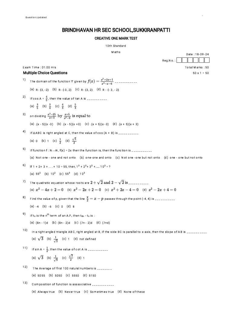 10th Maths Creative One Marks Test Questions English Medium PDF ...