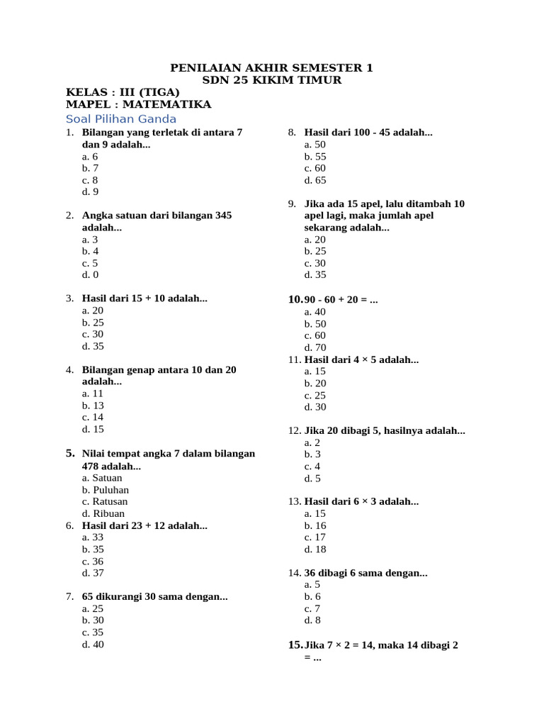 Soal Pas MTK Kelas 3 | PDF