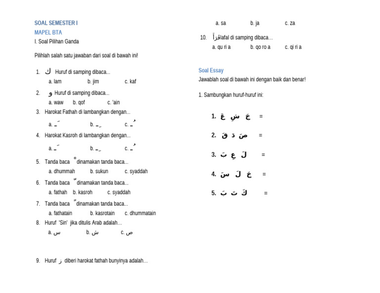 Soal Semester I Mapel BTA | PDF