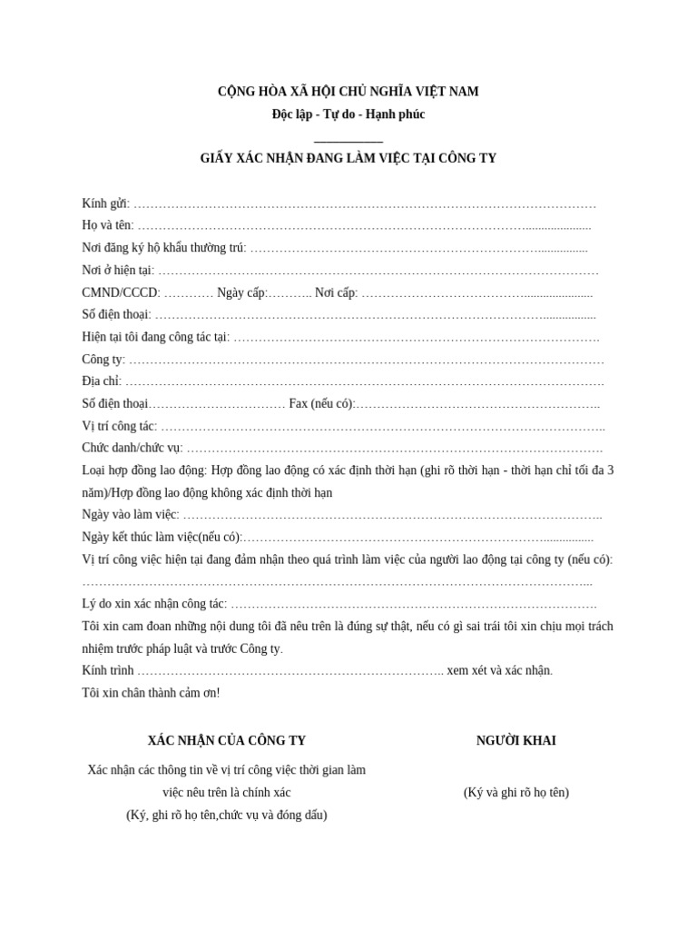 Mau Xac Nhan Dang Lam Viec Tai Cong Ty | PDF