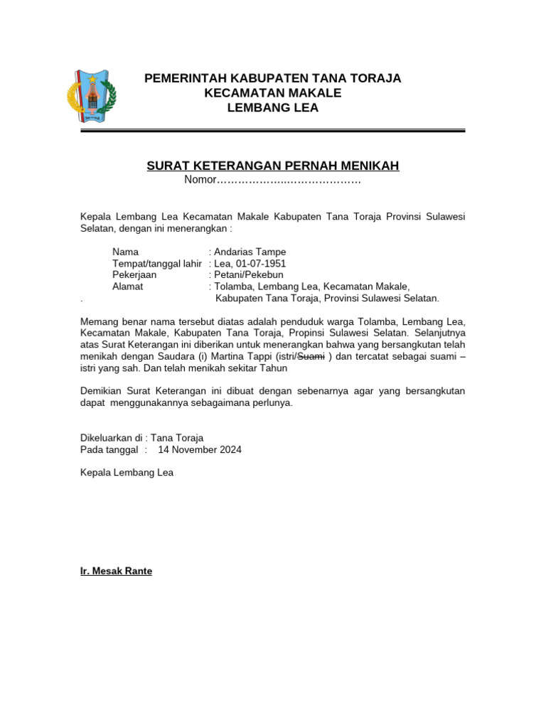 IN CASE - Surat Keterangan Pernah Menikah Dari Lurah | PDF