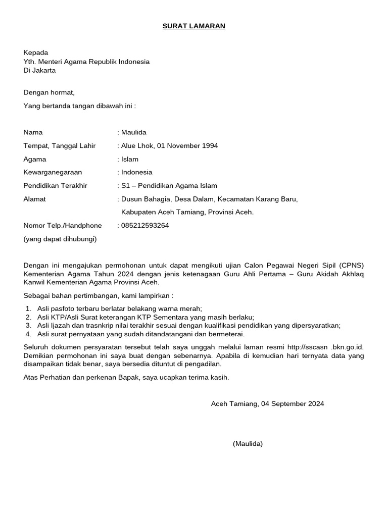 Surat Lamaran CPNS Kementerian Agama | PDF