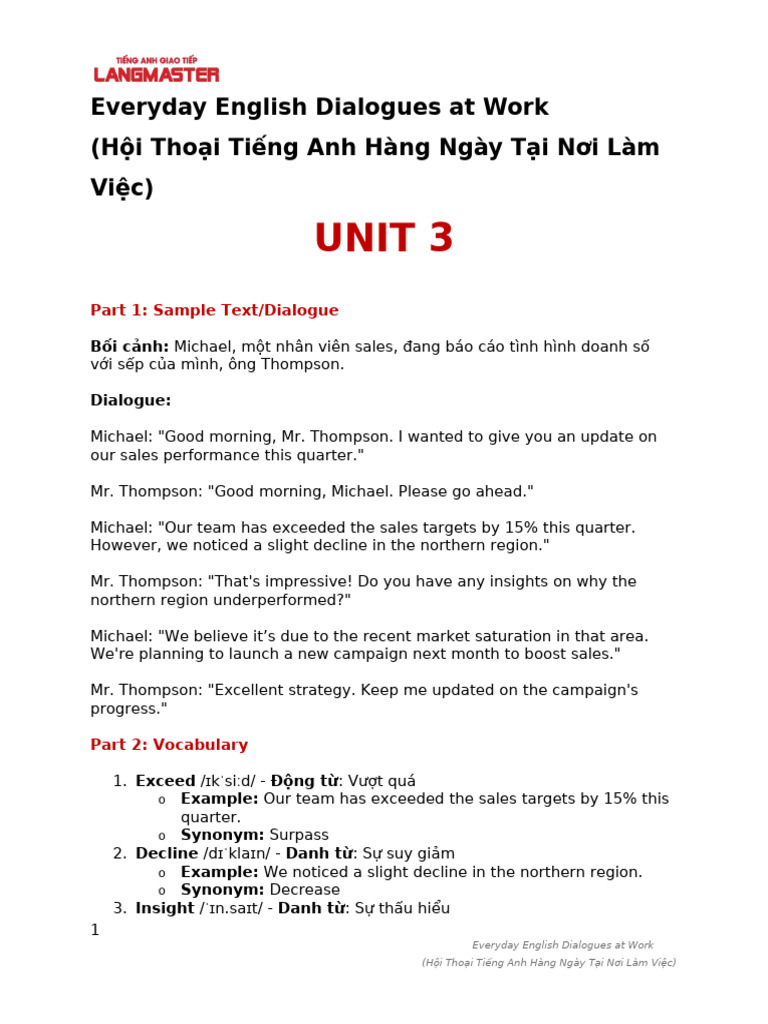 Everyday English Dialogues at Work - UNIT 3 | PDF