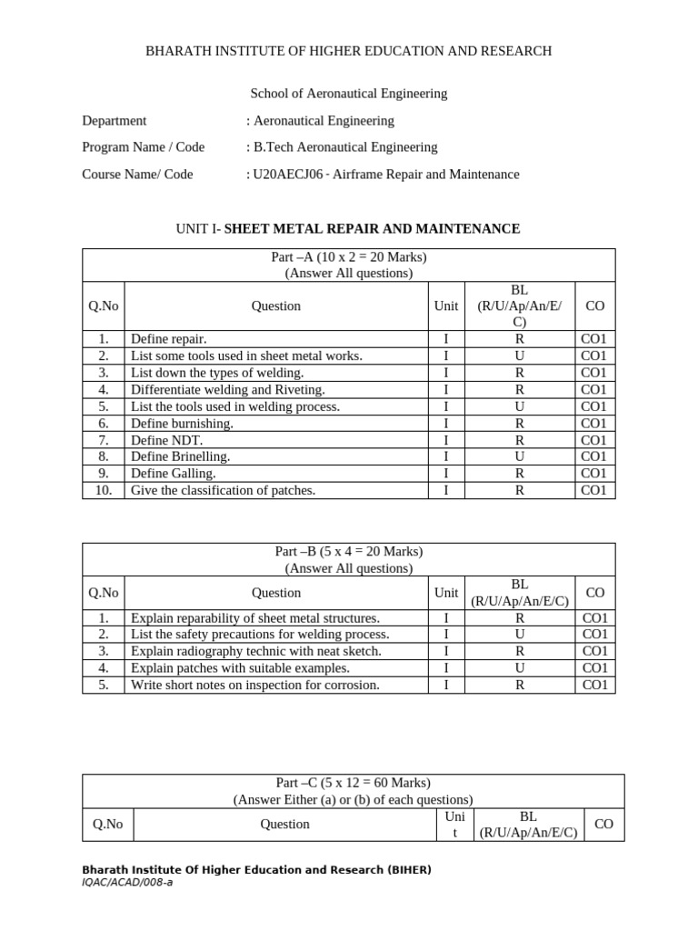 U20AECJ06 - Airframe Repair and Maintenance | PDF | Mechanical Engineering