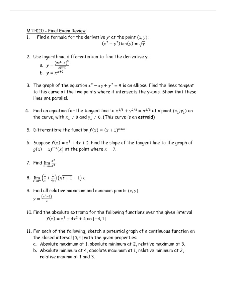 MTH Final - Exam - Review PDF | PDF | Tangent | Derivative
