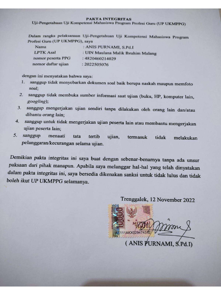 Pakta Integritas UP, Anis Purnami | PDF