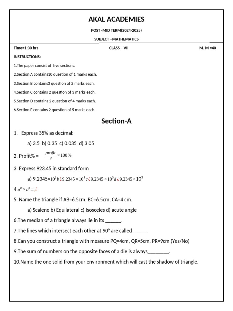 Maths Class 7th Question Paper | PDF