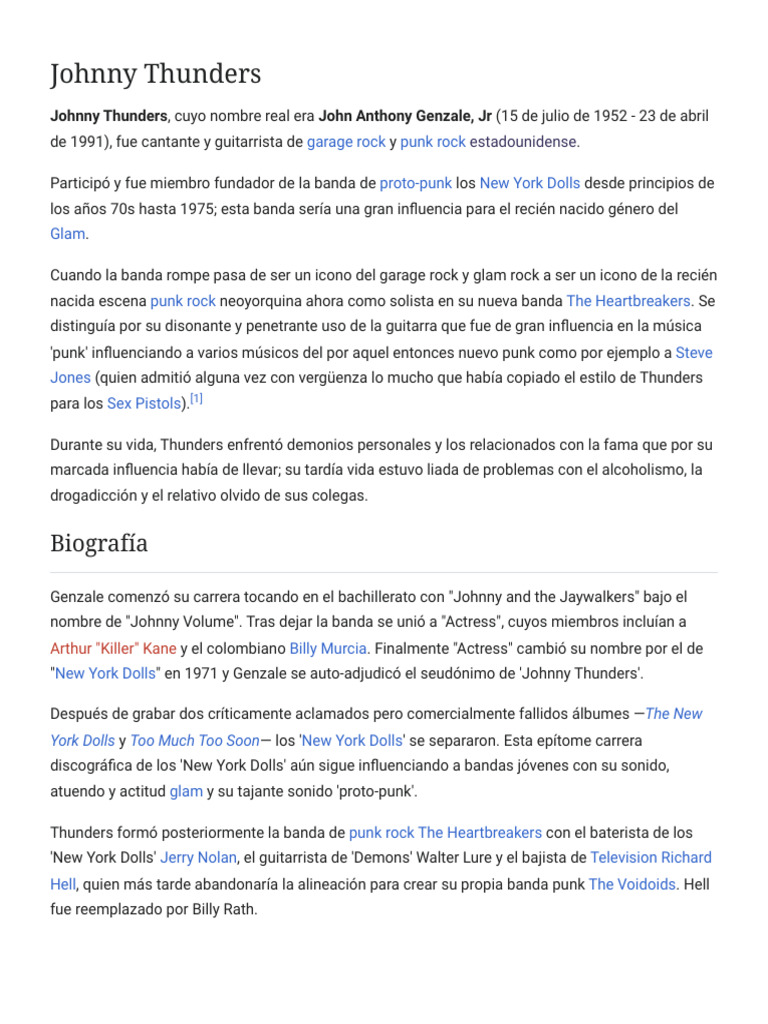 Johnny Thunders - Wikipedia, La Enciclopedia Libre | PDF | Punk rock