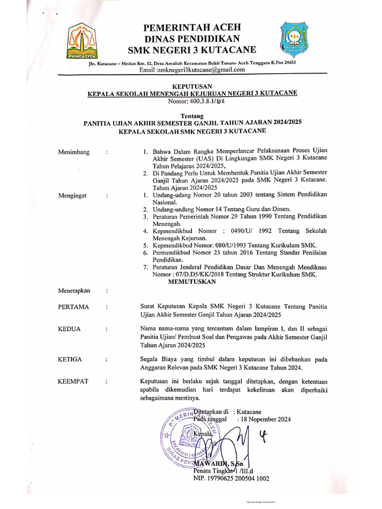 SK Panitia Ujian Semester Ganjil 2024 | PDF