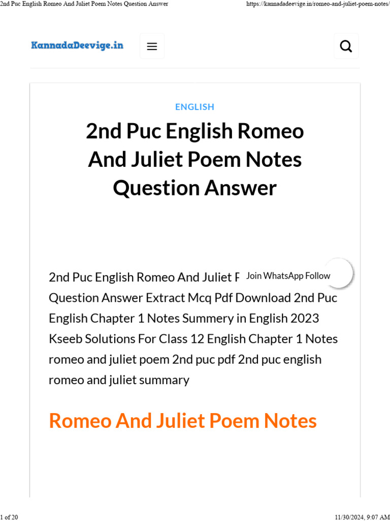 2nd Puc English Romeo and Juliet Poem Notes Question Answer | PDF ...