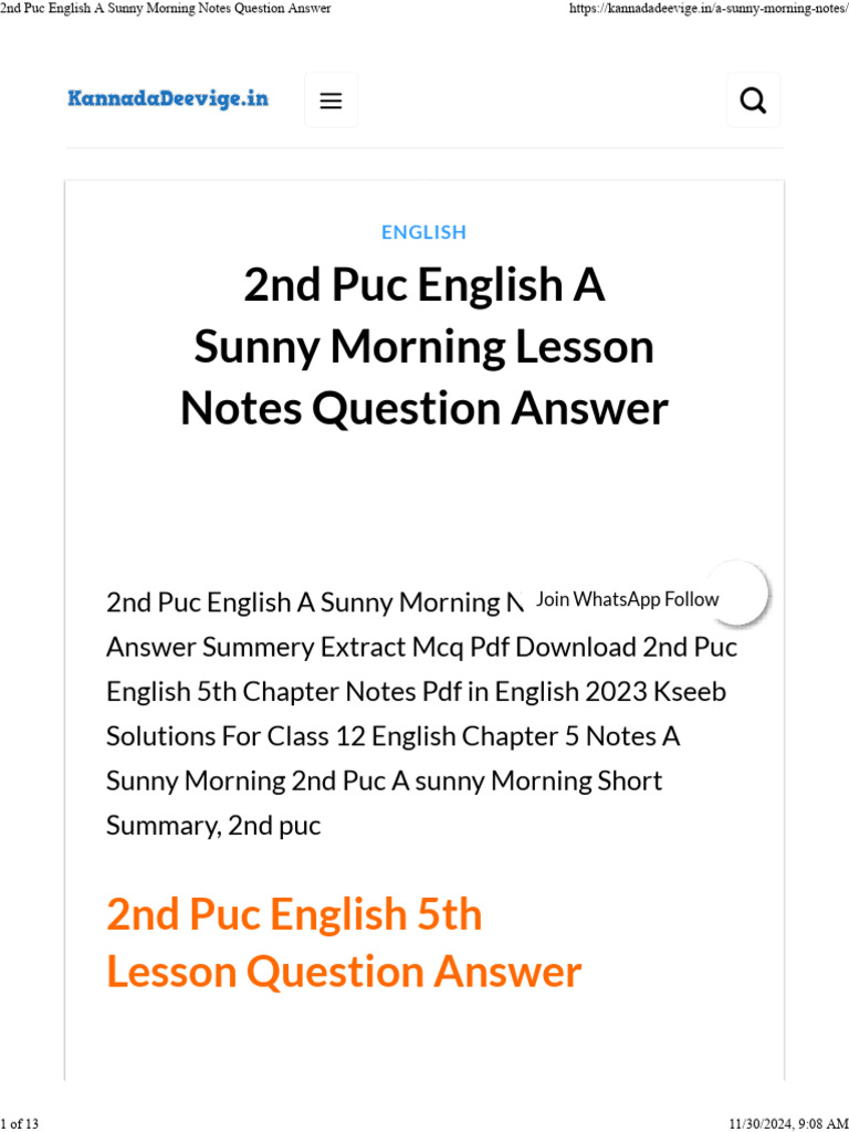 2nd Puc English A Sunny Morning Notes Question Answer | PDF