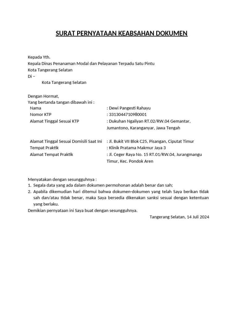 SURAT PERNYATAAN KEABSAHAN DOKUMEN (Sip) | PDF