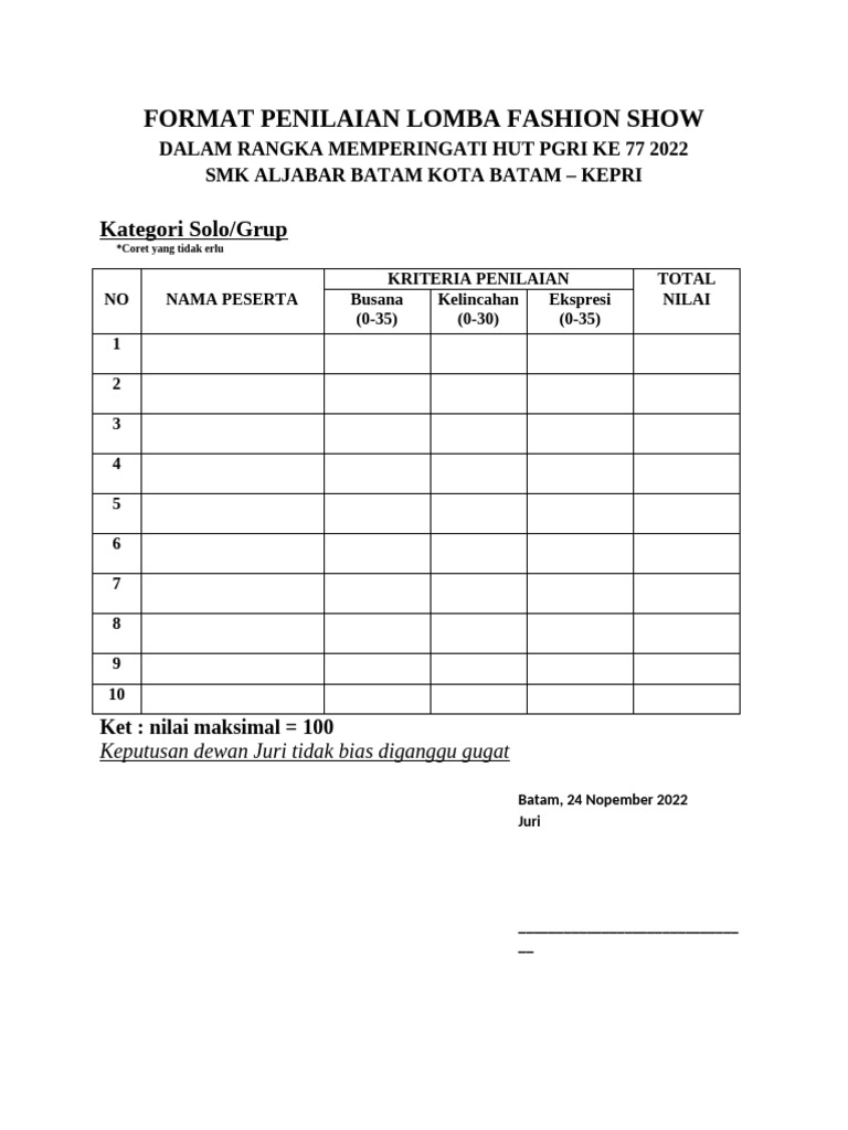 Format Penilaian Lomba Fashion Show Maul | PDF