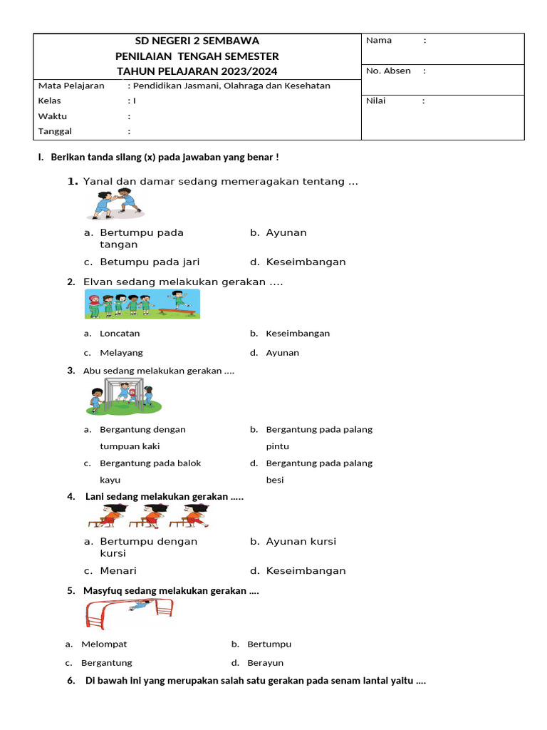 Soal PTS Pjok Kelas 1 | PDF