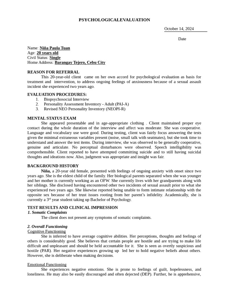 Sample Psychological Assessment Report | PDF | Feeling | Psychological Evaluation