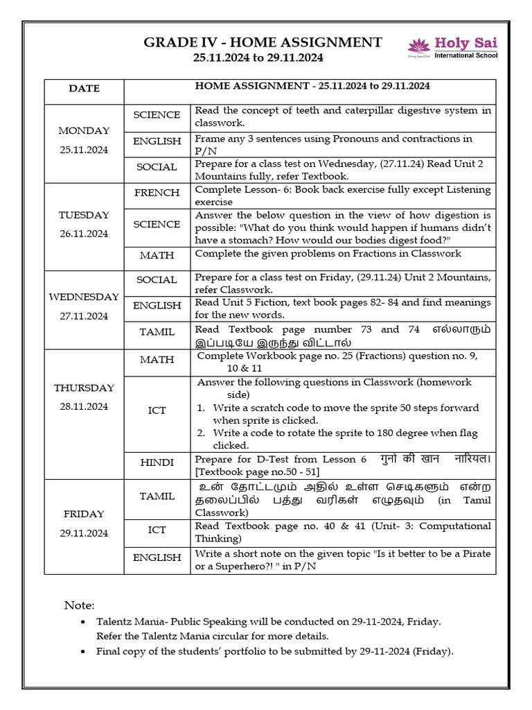 Grade 4 Weekly Homework Guide | PDF