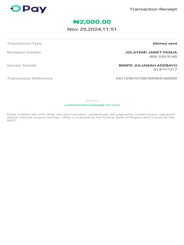 OPay Transfer Receipt - Nov 29, 2024 | PDF
