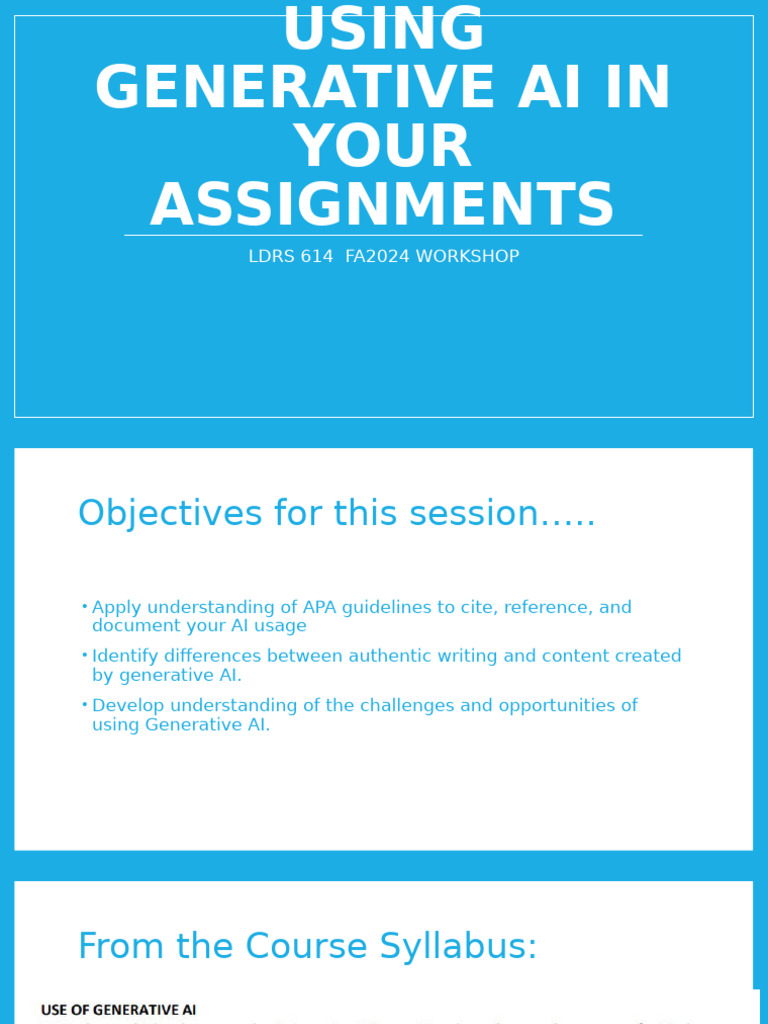 Using Generative AI in Your Assignment LDRS 614 FA24 | PDF | Citation | Artificial Intelligence