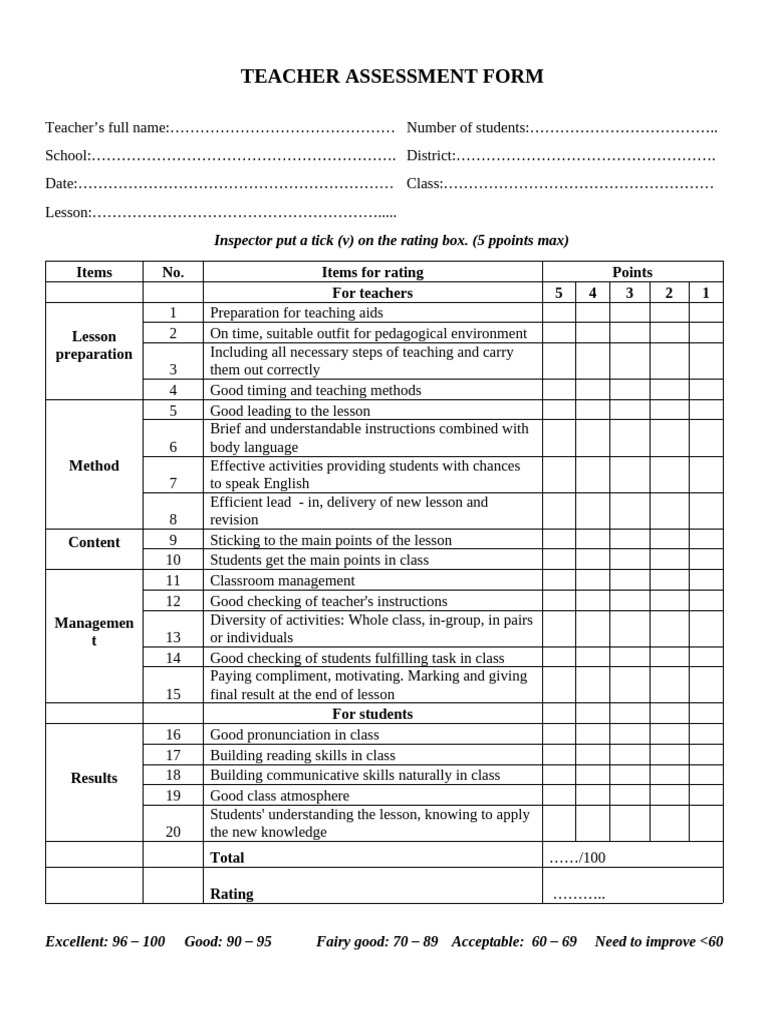 TEACHER ASSESSMENT FORM | PDF | Teachers | Cognitive Science