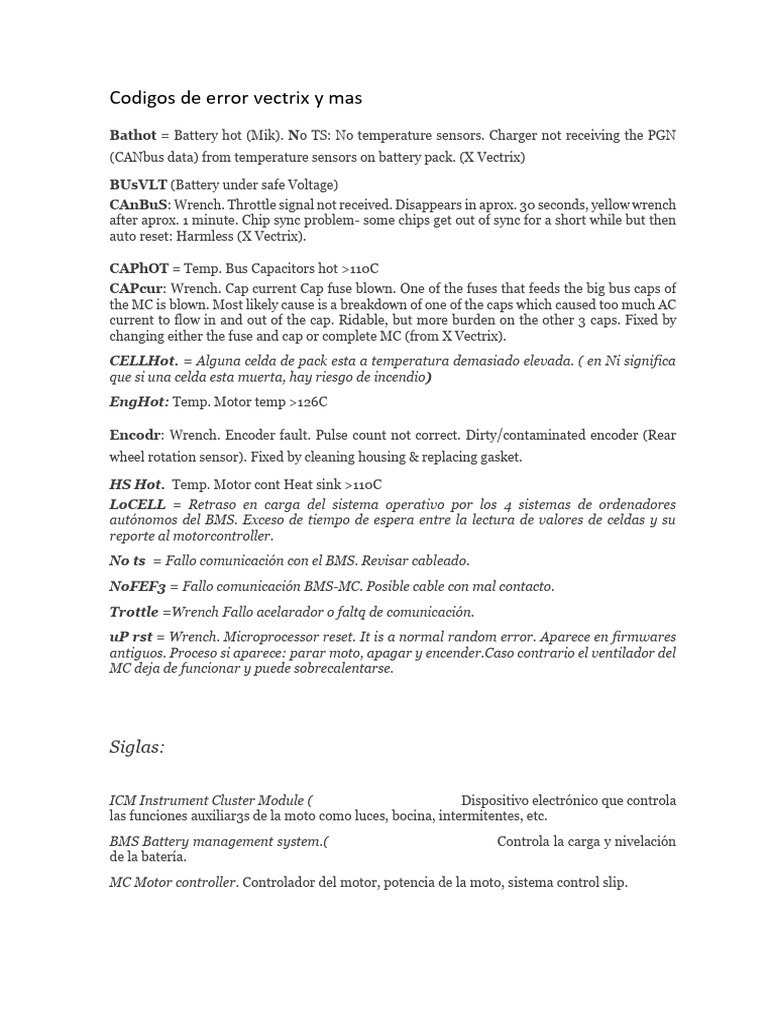 Codigos de Error y Funciones Avanzadas Vectrix | PDF | Ingenieria Eléctrica | Ingeniería Informática