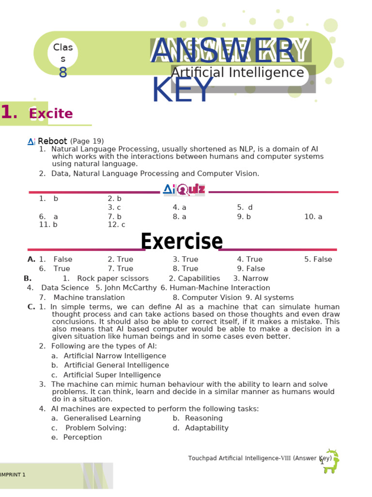 Answer KEY: Exercise | PDF | Artificial Intelligence | Intelligence (AI) & Semantics