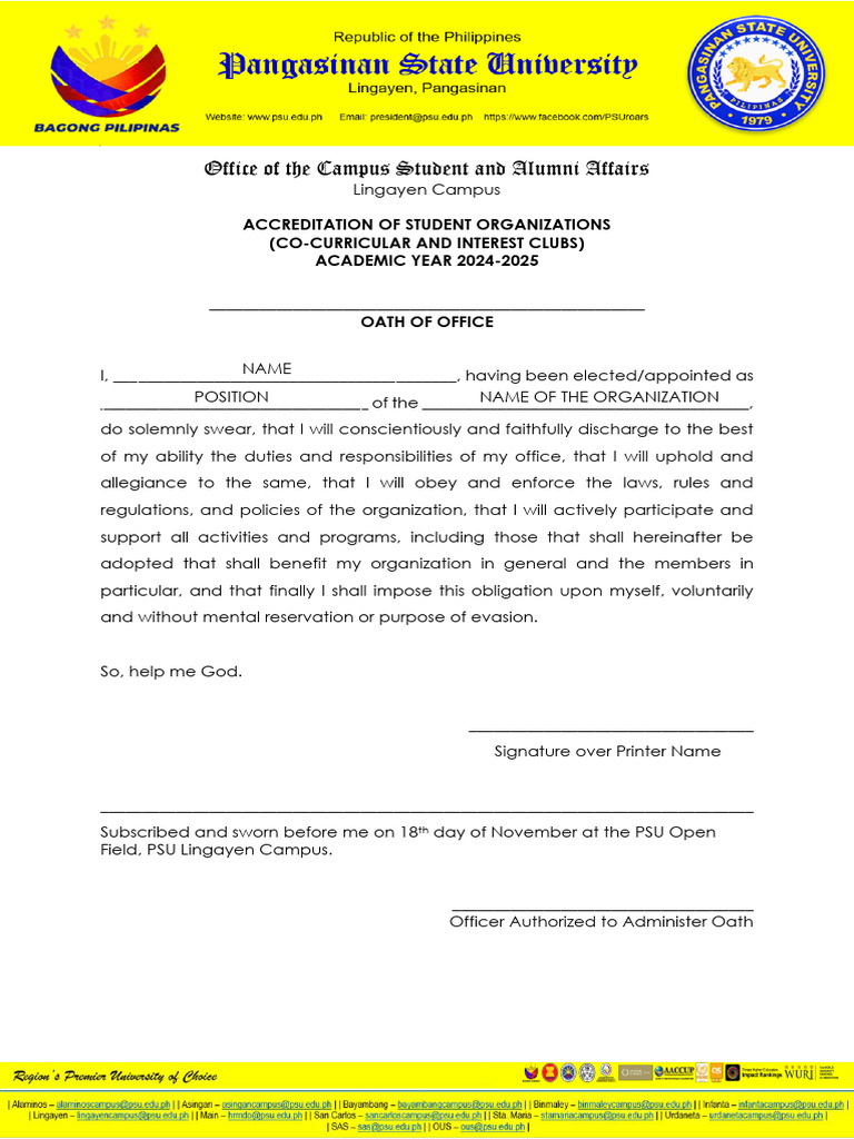 Oath of Office - Student Organizations | PDF