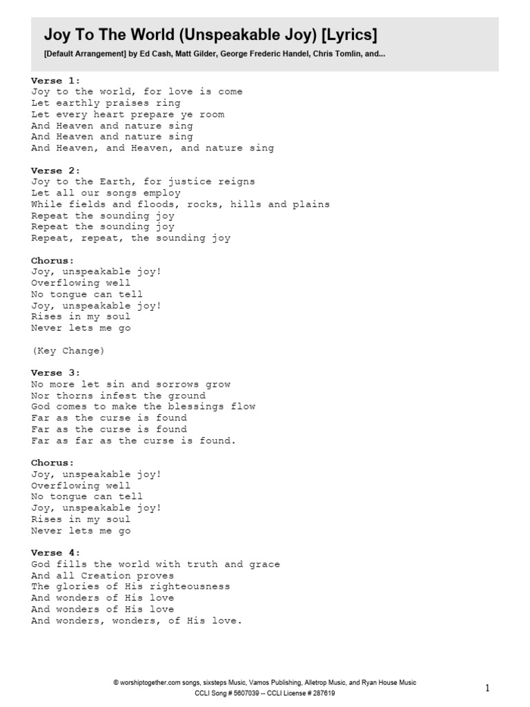 Joy To The World Unspeakable Joy Lyrics | PDF
