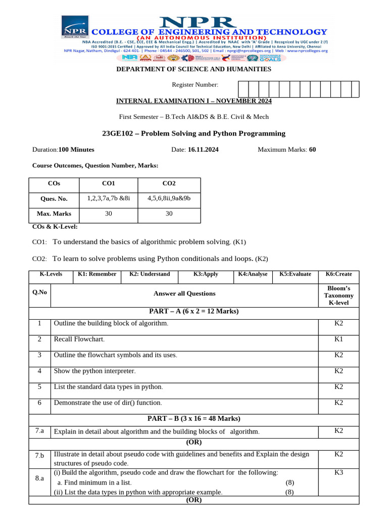 23ge102 Problem Solving And Python Programming Internal 1 Question Paper Pdf Algorithms
