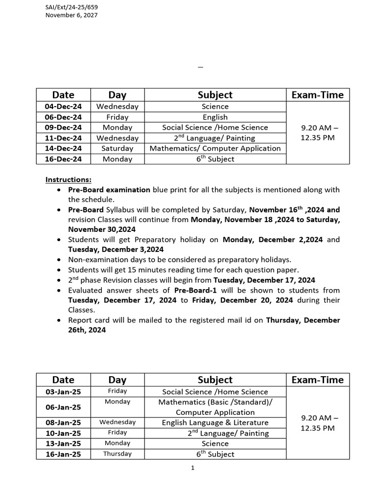 Class X Preboard 1 and 2 Exam Schedule 202425 SIS | PDF | Equations | Artificial Intelligence