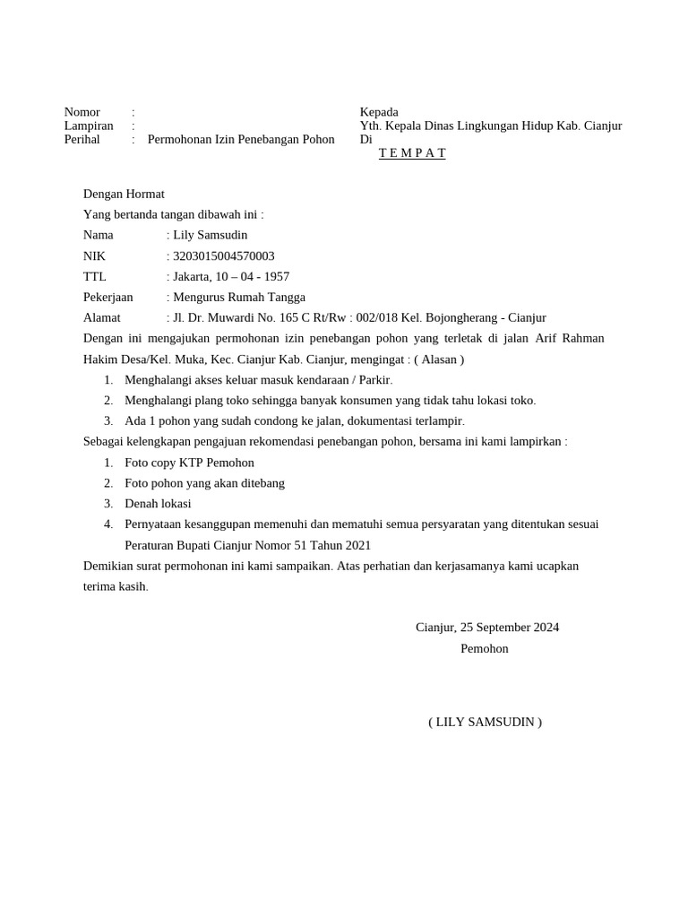 Format Surat Permohonan Ijin Penebangan | PDF