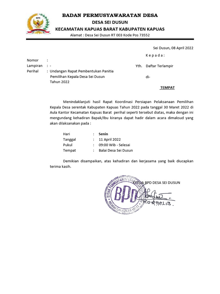 Undangan Rapat Pemilihan Kepala Desa 2022 | PDF
