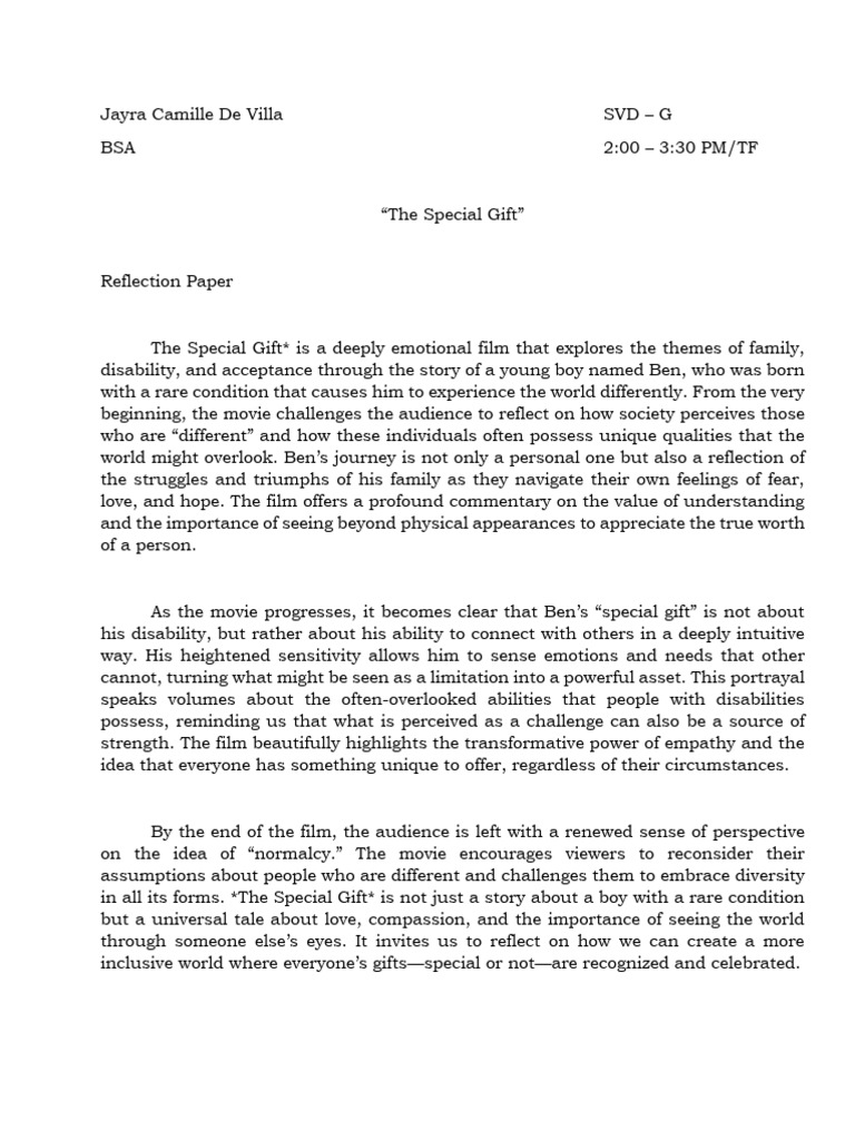 Reflection on "The Special Gift" Film | PDF