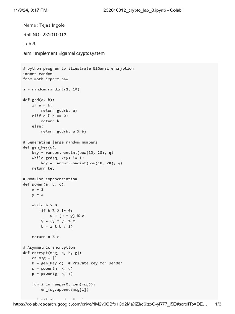 Crypto - Lab - 8.ipynb - Colab | PDF | Public Key Cryptography | Encryption