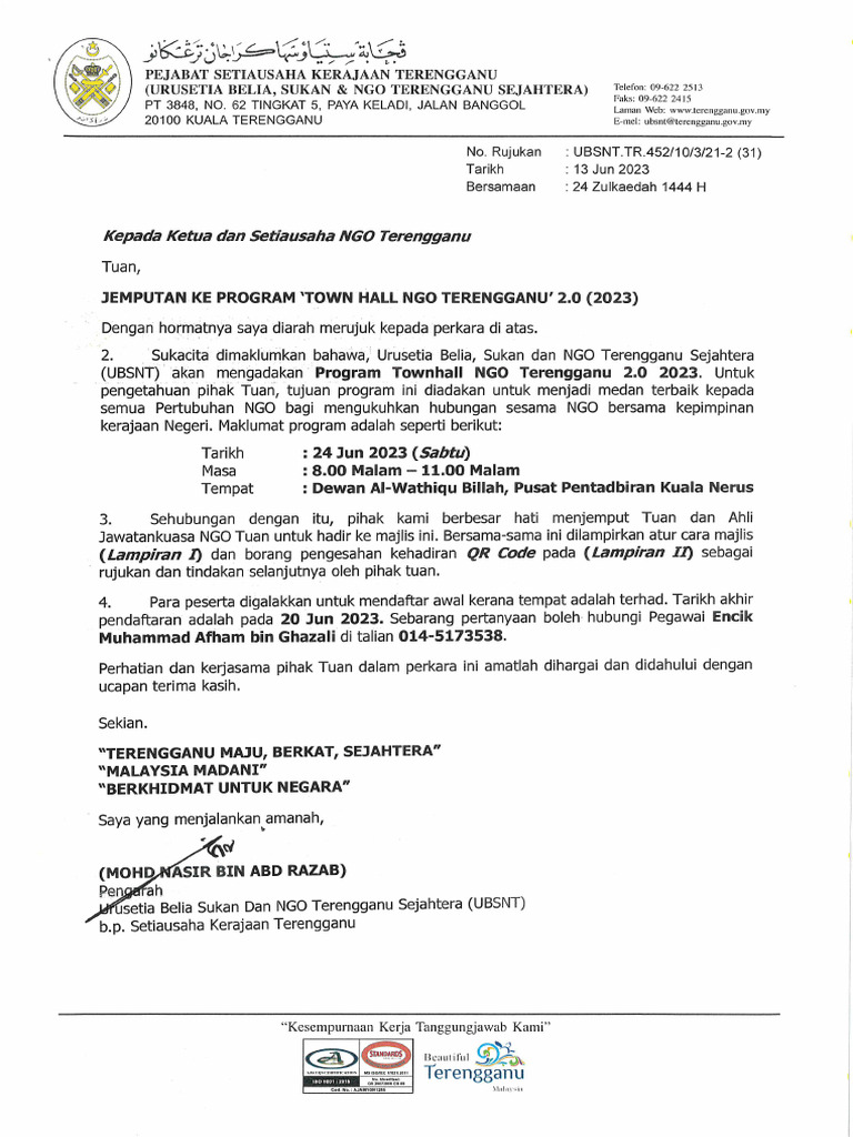 Jemputan Ke Program Town Hall Ngo 2.0 - Ketua - Su Ngo Terengganu | PDF