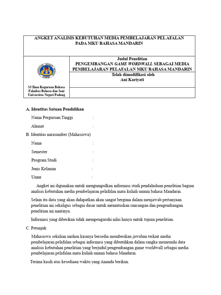 Angket Analisis Kebutuhan Media Pembelajaran Pel Afalan | PDF Angket Analisis Kebutuhan Media Pembelajaran Pel Afalan | PDF