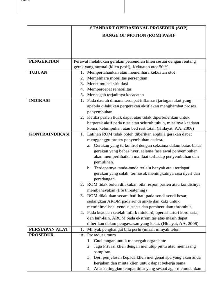 SOP ROM Pasif & Aktif untuk Perawat | PDF