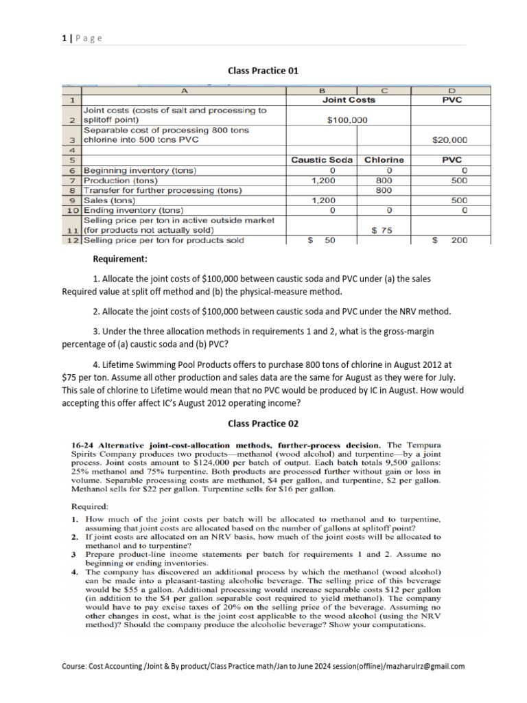 Joint & by Product Class Practice Math | PDF