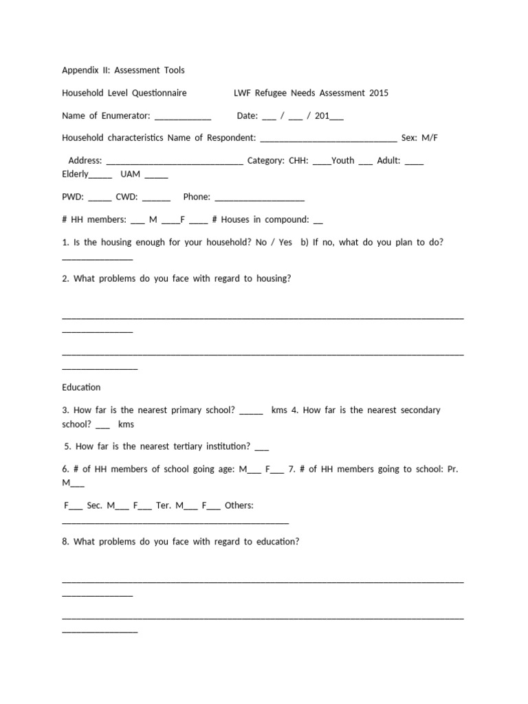 2015 LWF Refugee Needs Assessment Tools | PDF | Wash | Income