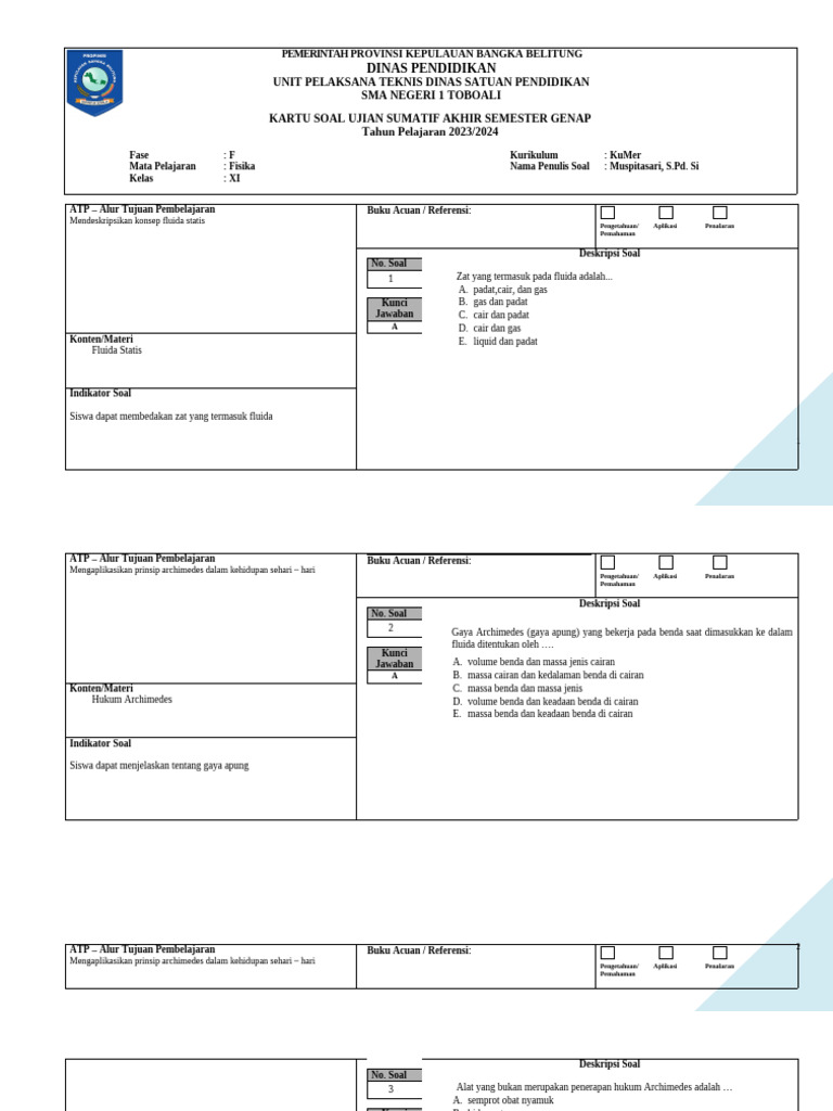 Fisika - XI - Kartu Soal - 20242 | PDF